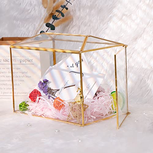 RUNIGOO Wedding Card Box, Gold Geometric Glass Card Box with Slot and Heart Lock Clear Terrarium Planter for Wedding Reception, Keepsake Gift, Clear Party Centerpiece, Home Deacr