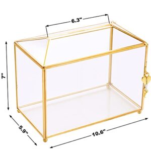 Gold Wedding Glass Card Box – 10.6 inch Large Wedding Card Holder Handmade Gold Glass Terrarium with Slot and Heart Lock, 10.6x5.9x8.3 Inches