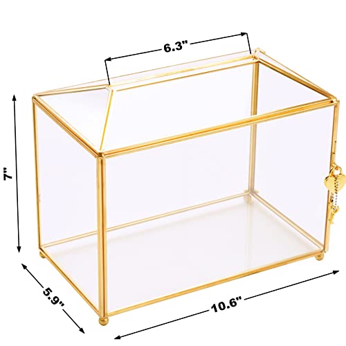 Gold Wedding Glass Card Box – 10.6 inch Large Wedding Card Holder Handmade Gold Glass Terrarium with Slot and Heart Lock, 10.6x5.9x8.3 Inches