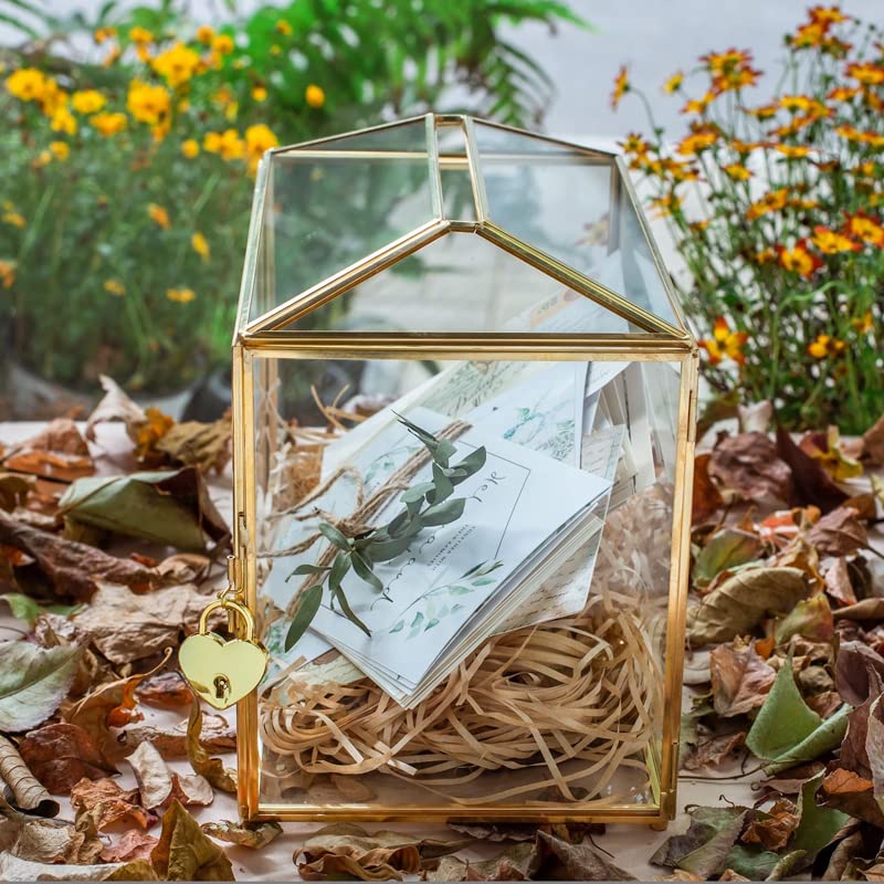 Gold Wedding Glass Card Box – 10.6 inch Large Wedding Card Holder Handmade Gold Glass Terrarium with Slot and Heart Lock, 10.6x5.9x8.3 Inches