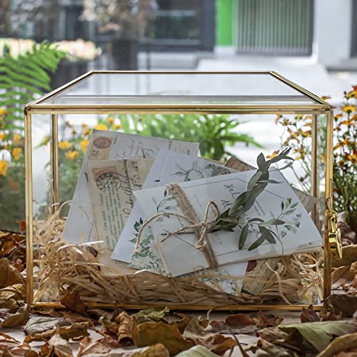 Gold Wedding Glass Card Box – 10.6 inch Large Wedding Card Holder Handmade Gold Glass Terrarium with Slot and Heart Lock, 10.6x5.9x8.3 Inches