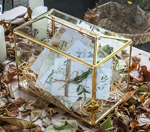 Gold Wedding Glass Card Box – 10.6 inch Large Wedding Card Holder Handmade Gold Glass Terrarium with Slot and Heart Lock, 10.6x5.9x8.3 Inches