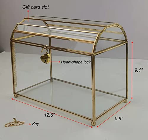 Gold Wedding Card Box with Slot and Lock - Glass Card Box for Wedding - Brass Wedding Gift Box for Cards - Wedding Gift Card Boxes Bin Container for Reception Bridal Baby Shower