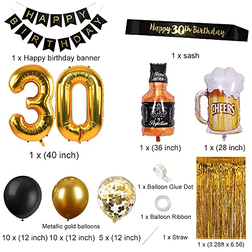 30th Birthday Decorations for Men, Black and Gold Happy Birthday Decorations for Women Men Boys Girls 30th Birthday Party - 30th Birthday Decorations Black and Gold for Him Her 30 Birthday Party Supplies