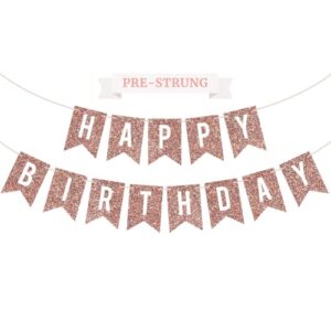 pre-strung happy birthday banner – no diy – rose gold glitter birthday party banner – pre-strung garland on 6 ft strands – rose gold birthday party decorations & decor. did we mention no diy?