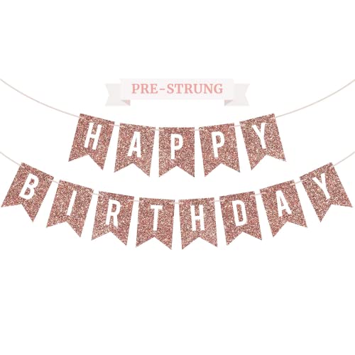 Pre-Strung Happy Birthday Banner - NO DIY - Rose Gold Glitter Birthday Party Banner - Pre-Strung Garland on 6 ft Strands - Rose Gold Birthday Party Decorations & Decor. Did we mention no DIY?