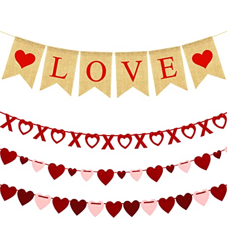 4Pcs Valentines Day Decorations Set Love Heart XO Garlands Banner for Engagement Wedding Party Home Classroom Office, No DIY Required