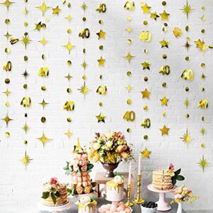 Gold 40th Birthday Decorations Number 40 Circle Dot Twinkle Star Garland Metallic Hanging Streamer Bunting Banner Backdrop for Women Mens 40 Year Old Birthday Forty Anniversary Party Supplies