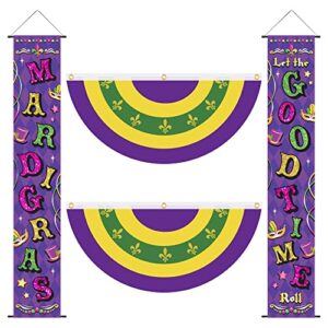 mardi gras decor, mardi gras backdrop banner, mardi gras porch signs hanging banner, carnival fleur de lis fan bunting flag, mardi gras outdoor hanging decorations for masquerade parade float party