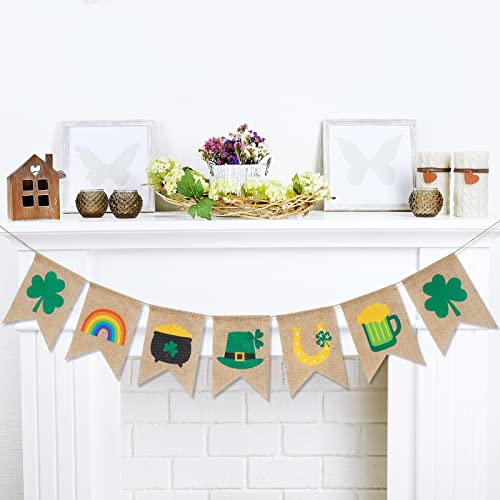 AnyDesign St. Patrick's Day Burlap Banner Shamrock Clover Rainbow Hanging Banner Rustic Pre-Assembled Irish Holiday Bunting Garland for Party Home Office Mantel Fireplace Wall Decoration