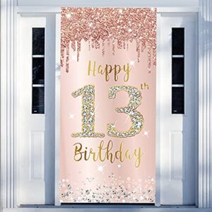 happy 13th birthday door banner backdrop decorations for girls, pink rose gold 13 birthday party door cover sign supplies, thirteenth year old birthday poster background photo booth props decor