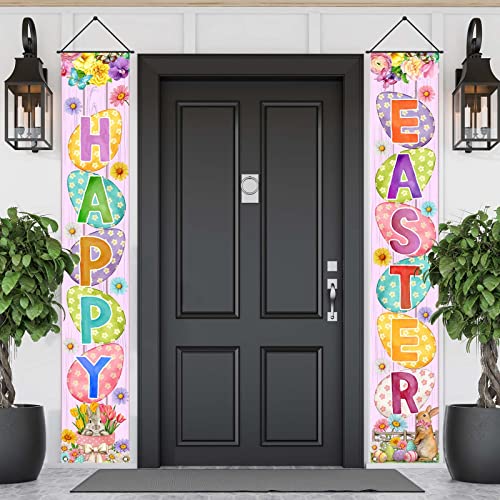 FARMNALL Easter Porch Banner Bunny Egg Rabbit Daisy Party Front Door Sign Wall Hanging Spring Decorations and Supplies for Home Office Farmhouse Holiday Decor