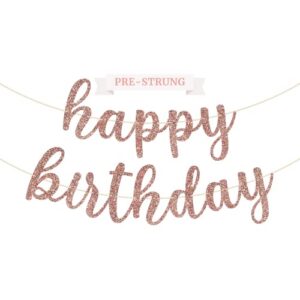 pre-strung happy birthday banner – no diy – rose gold glitter birthday banner in script – pre-strung garland on 6 ft strands – rose gold birthday party decorations & decor. did we mention no diy?