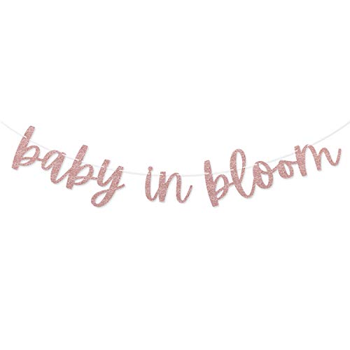 Baby in Bloom Rose Gold Glitter Banner Sign Garland Pre-Strung for Spring Baby Shower Floral Theme Baby Shower Decorations (Rose Gold)