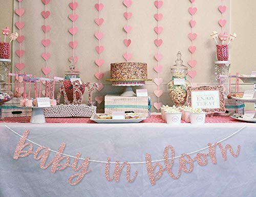 Baby in Bloom Rose Gold Glitter Banner Sign Garland Pre-Strung for Spring Baby Shower Floral Theme Baby Shower Decorations (Rose Gold)