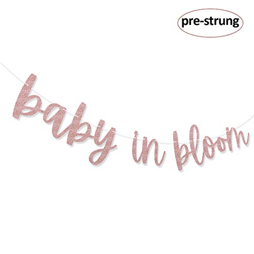 Baby in Bloom Rose Gold Glitter Banner Sign Garland Pre-Strung for Spring Baby Shower Floral Theme Baby Shower Decorations (Rose Gold)