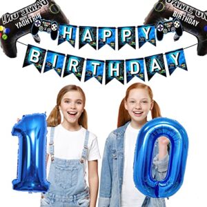 Vlipoeasn 10th Birthday Video Game Supplies Blue 10th Birthday Decorations for Boys, Disposable Paper Plates, Napkins, Cups, Tablecloth, Hanging Swirls and Happy Birthday Banner for 16 Guests