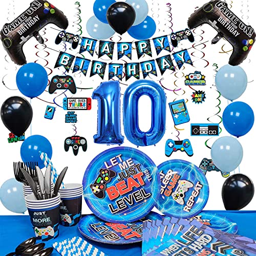 Vlipoeasn 10th Birthday Video Game Supplies Blue 10th Birthday Decorations for Boys, Disposable Paper Plates, Napkins, Cups, Tablecloth, Hanging Swirls and Happy Birthday Banner for 16 Guests