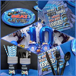 Vlipoeasn 10th Birthday Video Game Supplies Blue 10th Birthday Decorations for Boys, Disposable Paper Plates, Napkins, Cups, Tablecloth, Hanging Swirls and Happy Birthday Banner for 16 Guests