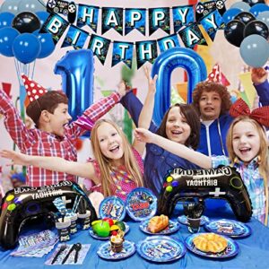 Vlipoeasn 10th Birthday Video Game Supplies Blue 10th Birthday Decorations for Boys, Disposable Paper Plates, Napkins, Cups, Tablecloth, Hanging Swirls and Happy Birthday Banner for 16 Guests