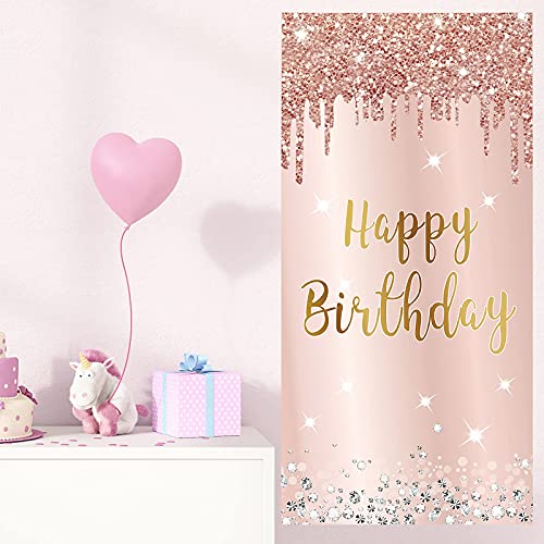 Pink Rose Gold Happy Birthday Door Banner Decorations for Women, Happy Birthday Door Cover & Porch Party Supplies, Large 16th 21st 30th 40th 50th Birthday Backdrop Decor