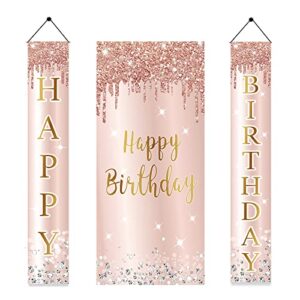 Pink Rose Gold Happy Birthday Door Banner Decorations for Women, Happy Birthday Door Cover & Porch Party Supplies, Large 16th 21st 30th 40th 50th Birthday Backdrop Decor