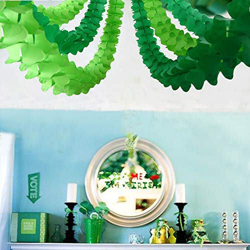 Green Tissue Paper Leaf Garland for St Patricks Party Decoration Four Leaf Shamrock Clover Steamers Spring Party Decor Backdrop Banner Hanging Irish Birthday Wedding Baby Shower Party Supplies