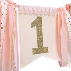 1st Birthday Banner For Baby - Pink Party Theme Pull Flag，highchair Banner - Flag On The Cake, Birthday Banner - Photo Booth Props, Cute Party Favor Supplies (Pink 1st banner)