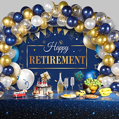 Retirement Party Decorations Include Navy Blue Confetti Balloons Set Happy Retirement Party Photography Backdrop Banner for Men Women Retirement Party Supplies Decor(Navy Blue and Gold)