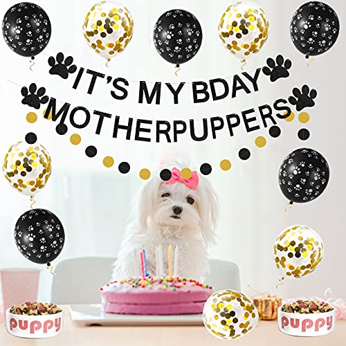 Dog Birthday Party Decorations Supplies, Black Glitter It's My Bday Mother Puppers Banner, Funny Dog Birthday Banner Gold Black Glitter Dot Circle Garland Banner Paw Print Balloons for Dogs Birthday Party Decorations