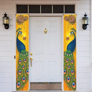 Happy Diwali Porch Banner Indian Diwali Peacock Front Porch Welcome Sign Deepawali Indian Festival of Lights Decorations-12×71''