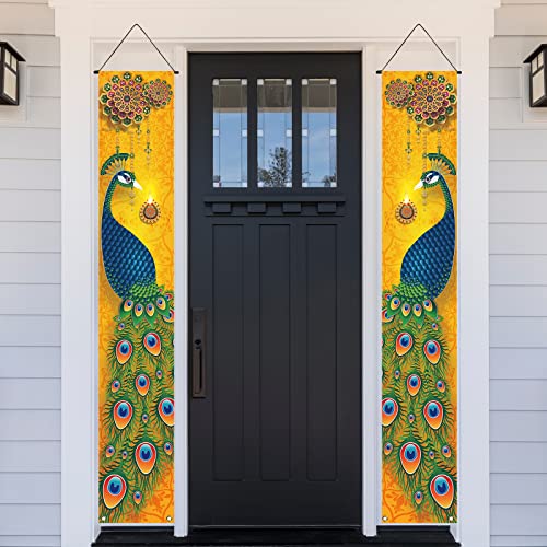 Happy Diwali Porch Banner Indian Diwali Peacock Front Porch Welcome Sign Deepawali Indian Festival of Lights Decorations-12×71''