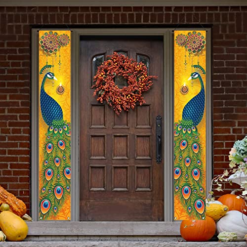 Happy Diwali Porch Banner Indian Diwali Peacock Front Porch Welcome Sign Deepawali Indian Festival of Lights Decorations-12×71''