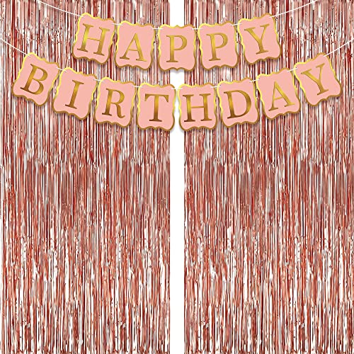 Huge, Rose Gold Backdrop for Birthday - Pack of 3 | Rose Gold Fringe Curtain with Peach Happy Birthday Banner | Rose Gold Streamers | Rose Gold Happy Birthday Banner | Rose Gold Birthday Decorations