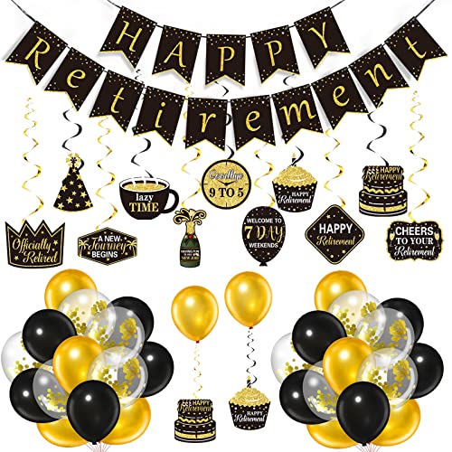 Retirement Party Decorations Set, Happy Retirement Banner Confetti Balloon Retirement Party Hanging Swirls Decorations Kit for Women Retirement Party Indoor Outdoor Supplies (Black and Gold)