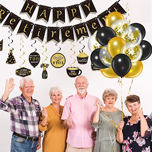 Retirement Party Decorations Set, Happy Retirement Banner Confetti Balloon Retirement Party Hanging Swirls Decorations Kit for Women Retirement Party Indoor Outdoor Supplies (Black and Gold)