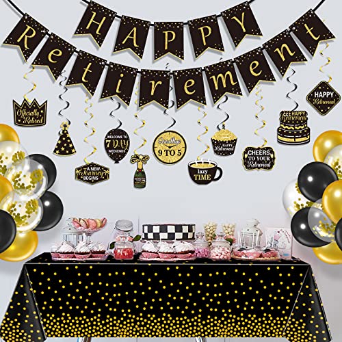 Retirement Party Decorations Set, Happy Retirement Banner Confetti Balloon Retirement Party Hanging Swirls Decorations Kit for Women Retirement Party Indoor Outdoor Supplies (Black and Gold)