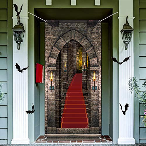 Blulu 3D Castle Entrance Door Banner Castle Entrance Door Cover Large Fabric Medieval Themed Stone Backdrop Gothic Birthday Photo Background for Potter Themed Vampire Halloween Party Decor 6.5 x 3 Ft