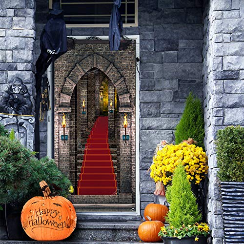 Blulu 3D Castle Entrance Door Banner Castle Entrance Door Cover Large Fabric Medieval Themed Stone Backdrop Gothic Birthday Photo Background for Potter Themed Vampire Halloween Party Decor 6.5 x 3 Ft