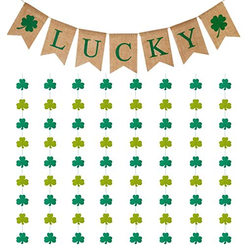 St Patricks Day Decorations, Lucky Shamrock Garland Banner, Patrick's Day Burlap Banners with 4 Glitter Shamrock Garland - NO DIY