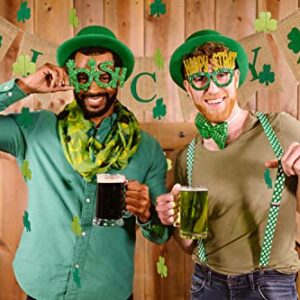 St Patricks Day Decorations, Lucky Shamrock Garland Banner, Patrick's Day Burlap Banners with 4 Glitter Shamrock Garland - NO DIY