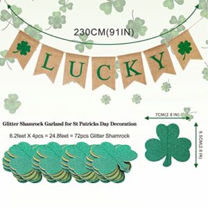 St Patricks Day Decorations, Lucky Shamrock Garland Banner, Patrick's Day Burlap Banners with 4 Glitter Shamrock Garland - NO DIY