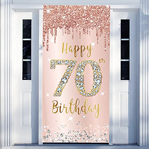 70th Birthday Door Banner Decorations for Women, Pink Rose Gold Happy 70th Birthday Door Cover Backdrop Party Supplies, Large Seventy Year Old Birthday Poster Sign Decor