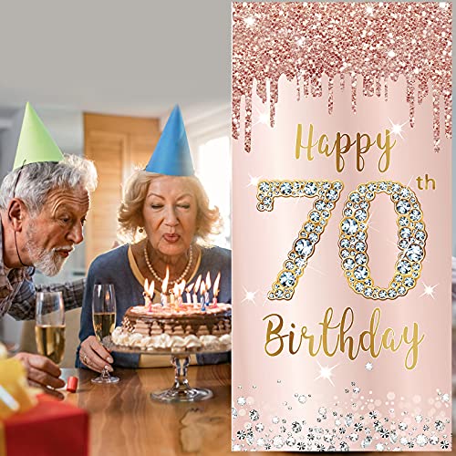 70th Birthday Door Banner Decorations for Women, Pink Rose Gold Happy 70th Birthday Door Cover Backdrop Party Supplies, Large Seventy Year Old Birthday Poster Sign Decor