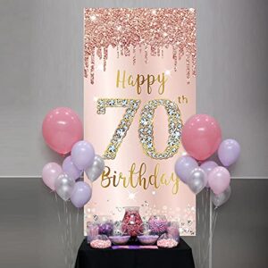 70th Birthday Door Banner Decorations for Women, Pink Rose Gold Happy 70th Birthday Door Cover Backdrop Party Supplies, Large Seventy Year Old Birthday Poster Sign Decor