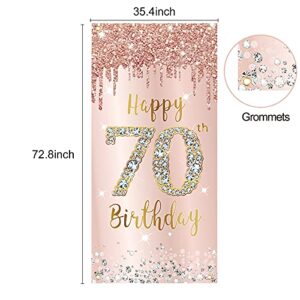 70th Birthday Door Banner Decorations for Women, Pink Rose Gold Happy 70th Birthday Door Cover Backdrop Party Supplies, Large Seventy Year Old Birthday Poster Sign Decor