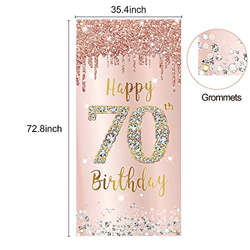 70th Birthday Door Banner Decorations for Women, Pink Rose Gold Happy 70th Birthday Door Cover Backdrop Party Supplies, Large Seventy Year Old Birthday Poster Sign Decor