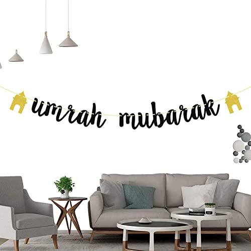 Umrah Mubarak Banner Eid Mubarak Banner Gold GlitterEid Mubarak Decorations | Eid Mubarak Party Decorations Supplies Eid Mubarak Party Decorations（Gold and Black）