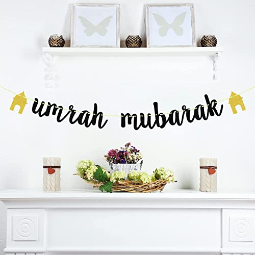 Umrah Mubarak Banner Eid Mubarak Banner Gold GlitterEid Mubarak Decorations | Eid Mubarak Party Decorations Supplies Eid Mubarak Party Decorations（Gold and Black）