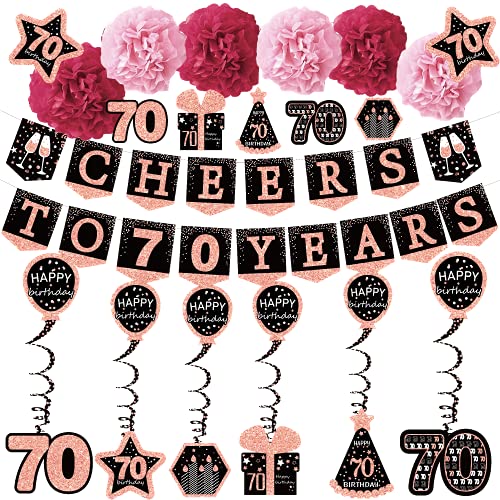 70th birthday decorations for women - (21pack) cheers to 70 years rose gold glitter banner for women, 6 paper Poms, 6 Hanging Swirl, 7 decorations stickers. 70 Years Old Party Supplies gifts for women